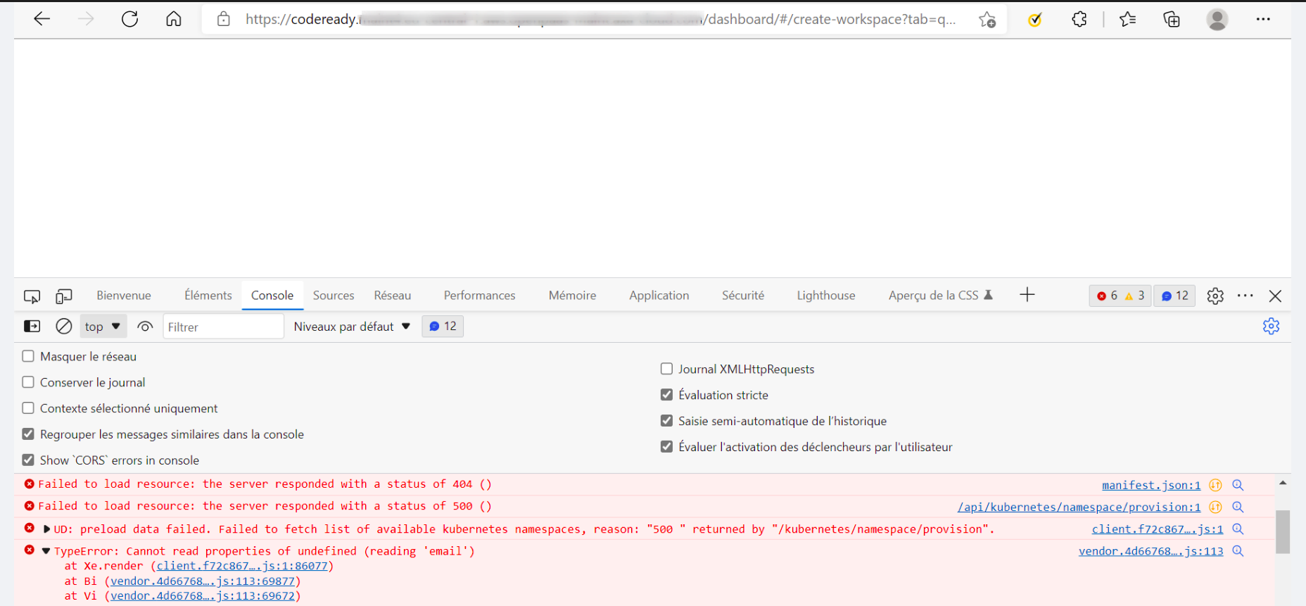 CodeReady Workspaces Web Console showing blank page after Oauth ...