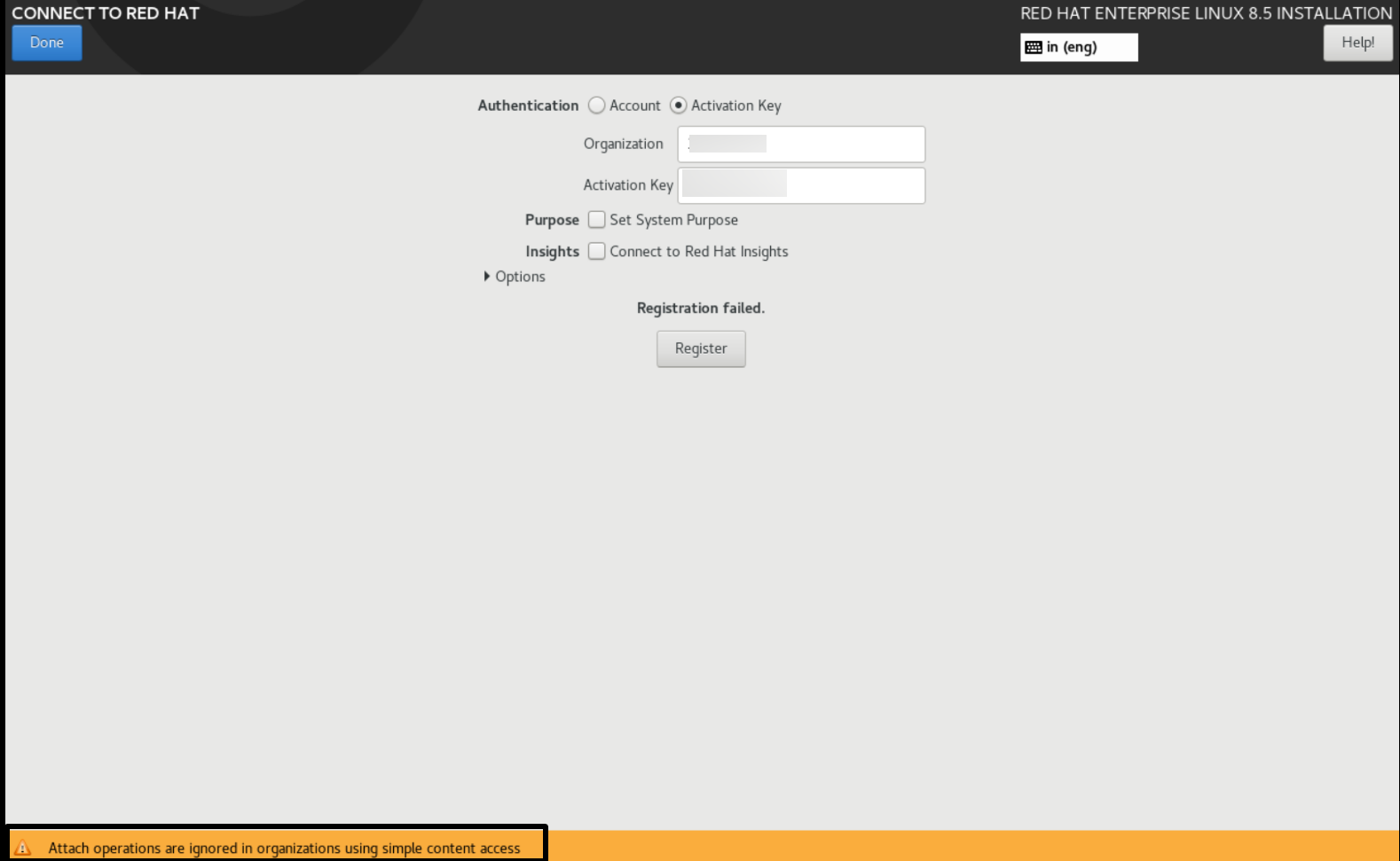 While registering RHEL servers during installation facing Error: Attach operations are ignored ...