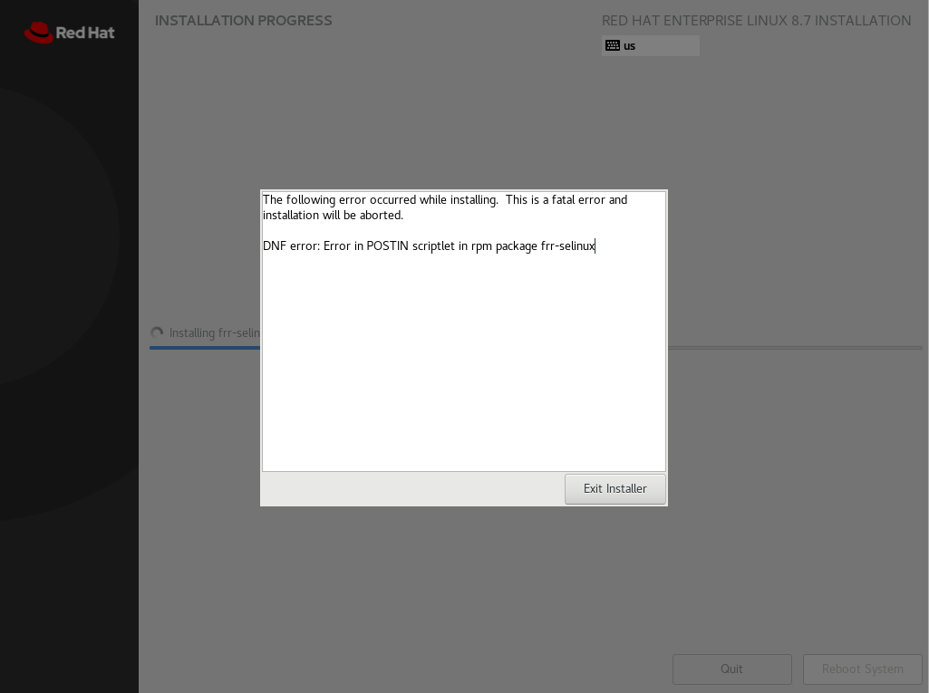 Why does RHEL 8.7 kickstart installation fail when frr package is included in the %packages ...