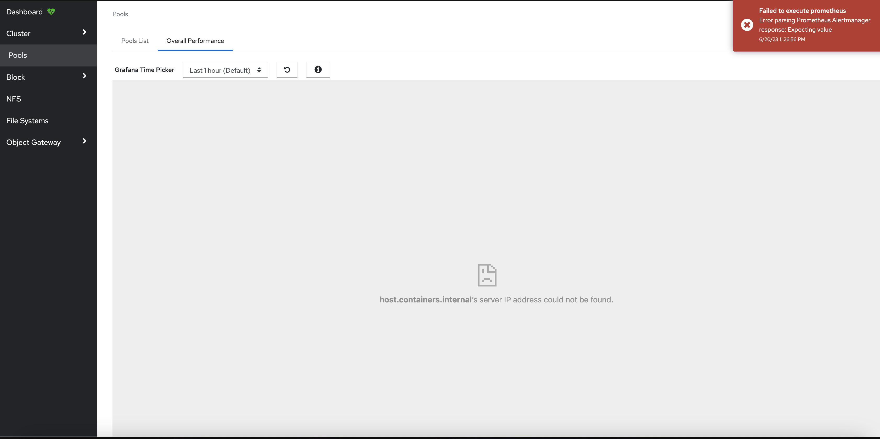 Ceph Dashboard: host.containers.internal’s server IP address could not be found while accessing ...