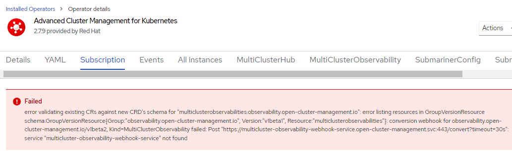 ACM operator re-installation fails with error validating existing CRs against new CRD's schema ...