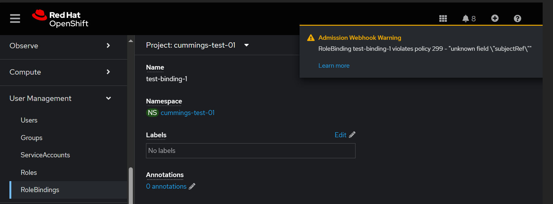 Create RoleBinding will trigger Admission Webhook Warning in RHOCP4 - Red Hat Customer Portal