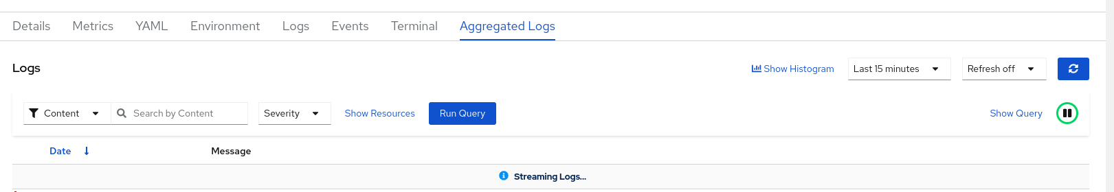 Show Query button is in streaming logs state in RHOCP 4 - Red Hat ...